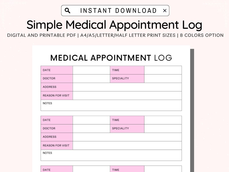 Medical Appointment Log Printable, Doctor's Visit, Appointment Log ...