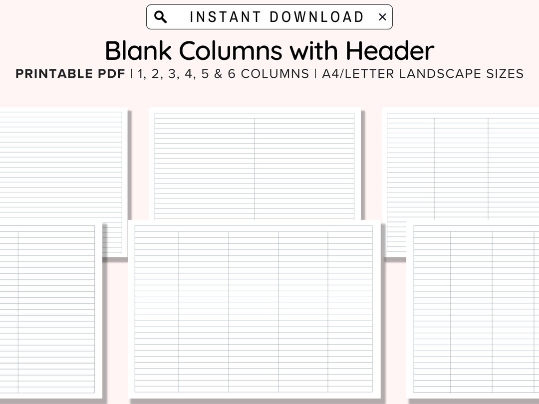 Printable Blank Columns Charts With Header One, Two, Three, Four, Five