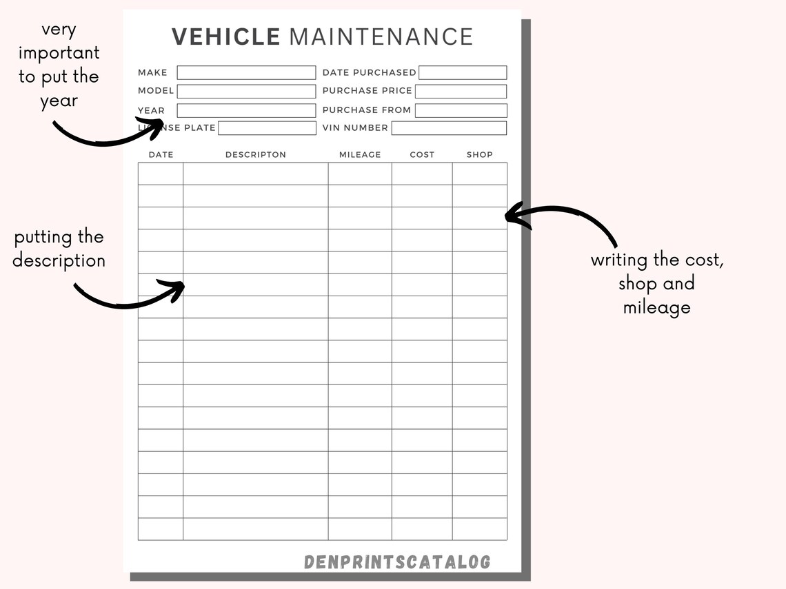 Vehicle Maintenance Log Printable, Vehicle Service Tracker, Vehicle ...