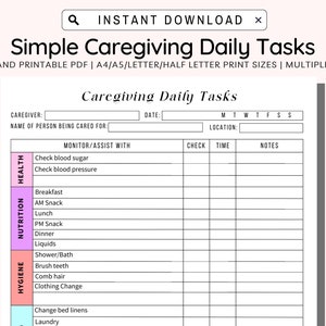 Caregiving Daily Tasks Log Printable, Elderly Care Caregiving Checklist ...