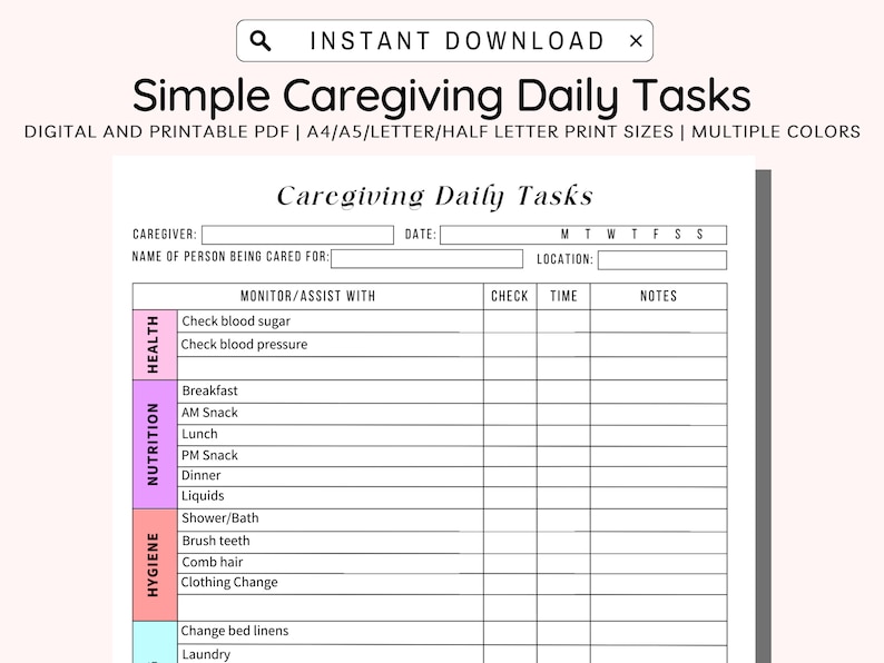 Caregiving Daily Tasks Log Printable, Elderly Care Caregiving Checklist, Daily Cleaning, Daily ...