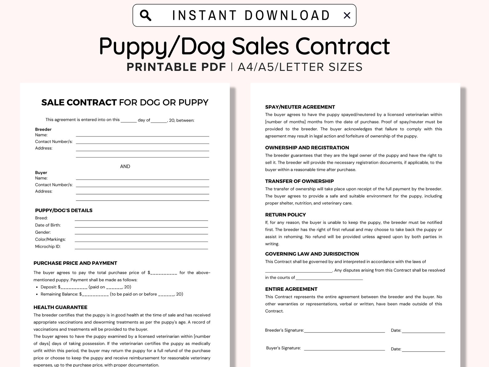 Puppy Sales Contract Pritable, Puppy Deposit Contract, Puppy Sale ...