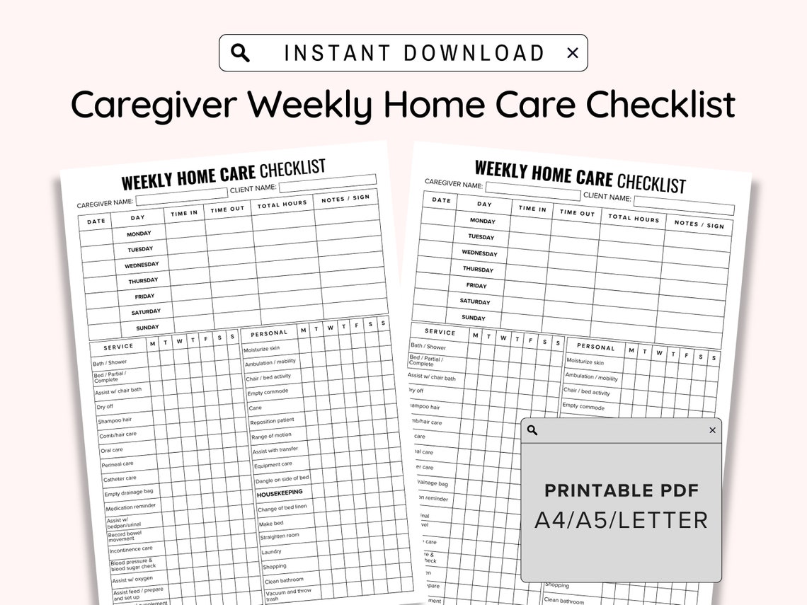 Weekly Home Care Checklist Printable, Monday Start, Caregiving Elderly ...