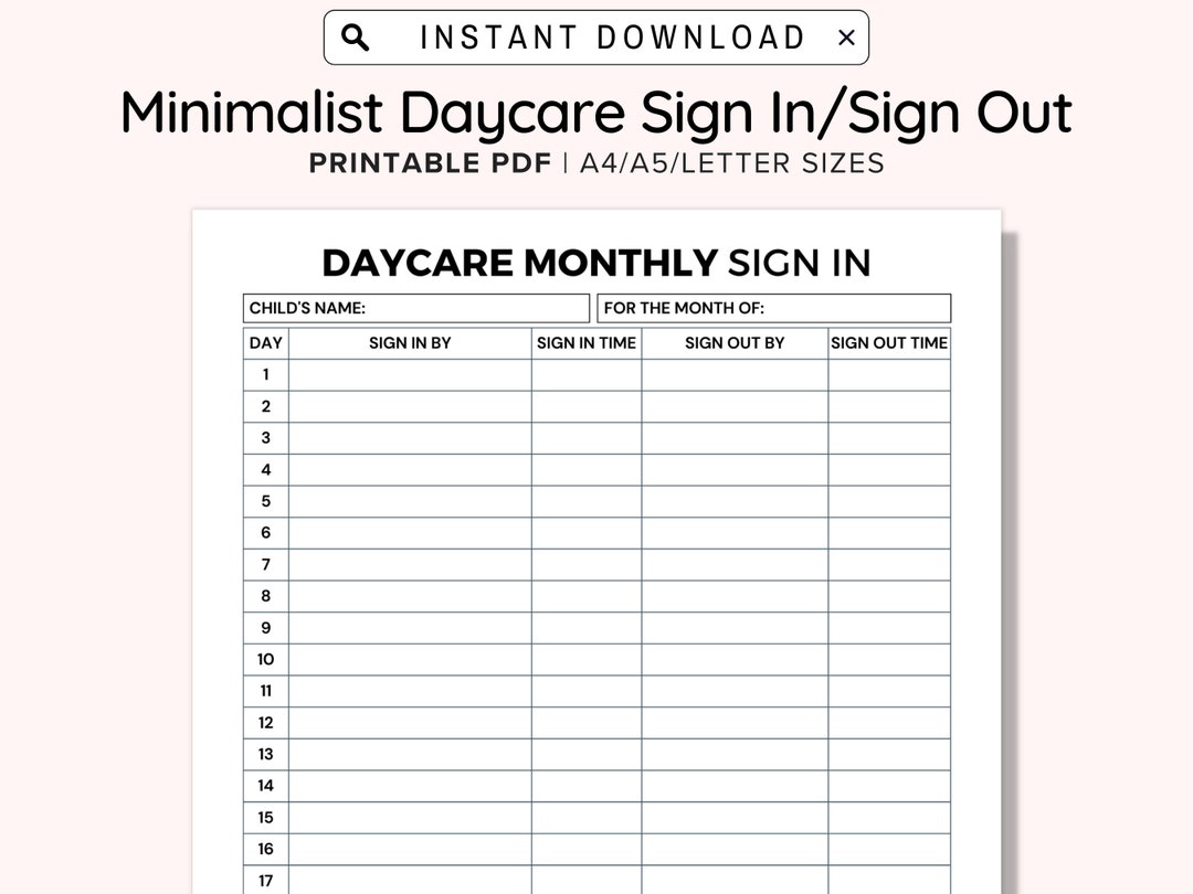 Daycare Monthly Sign in and Out, Student Name Print and Write, Sign in ...