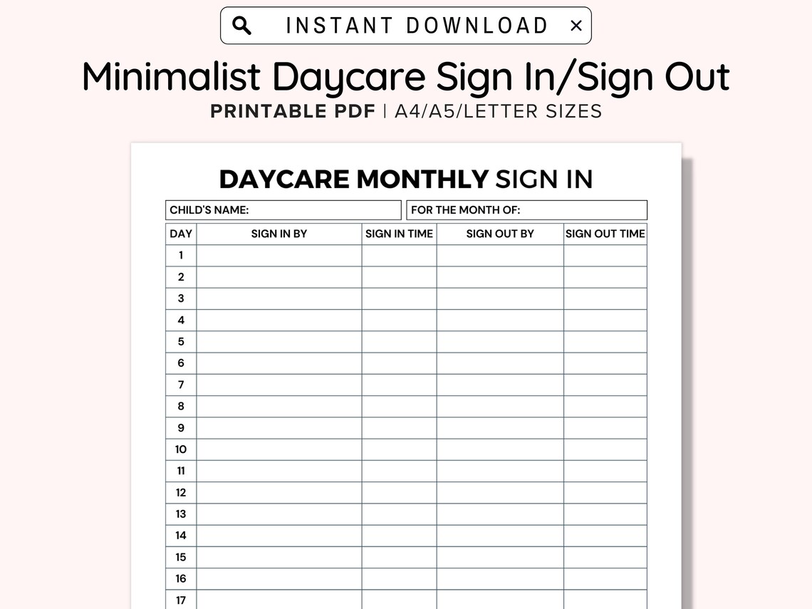 Daycare Monthly Sign in and Out, Student Name Print and Write, Sign in ...