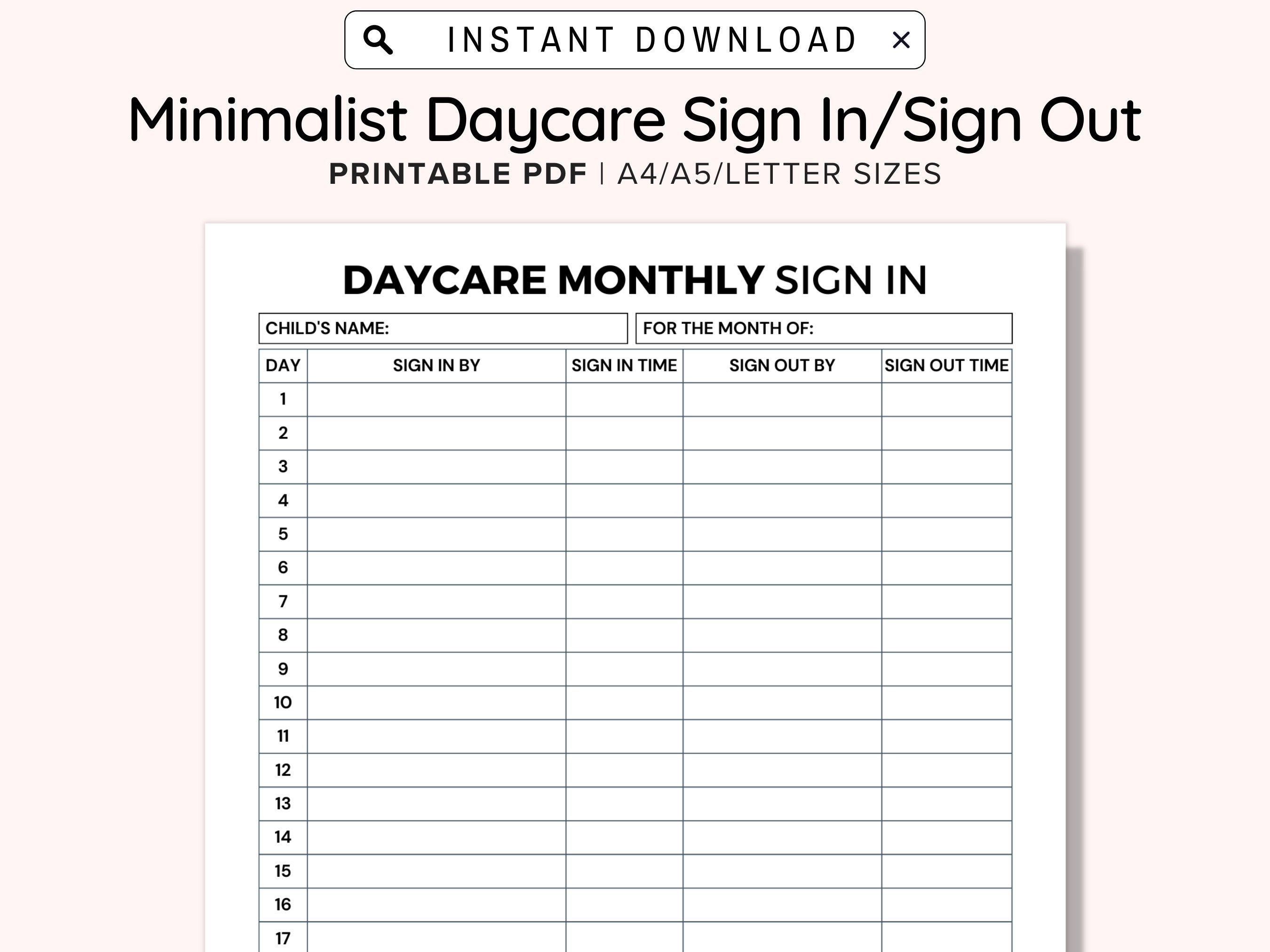 Daycare Monthly Sign in and Out, Student Name Print and Write, Sign in ...