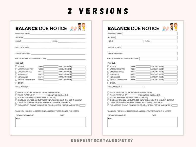 DAYCARE Balance Due Childcare Center Late Payment Notice, Past Due ...