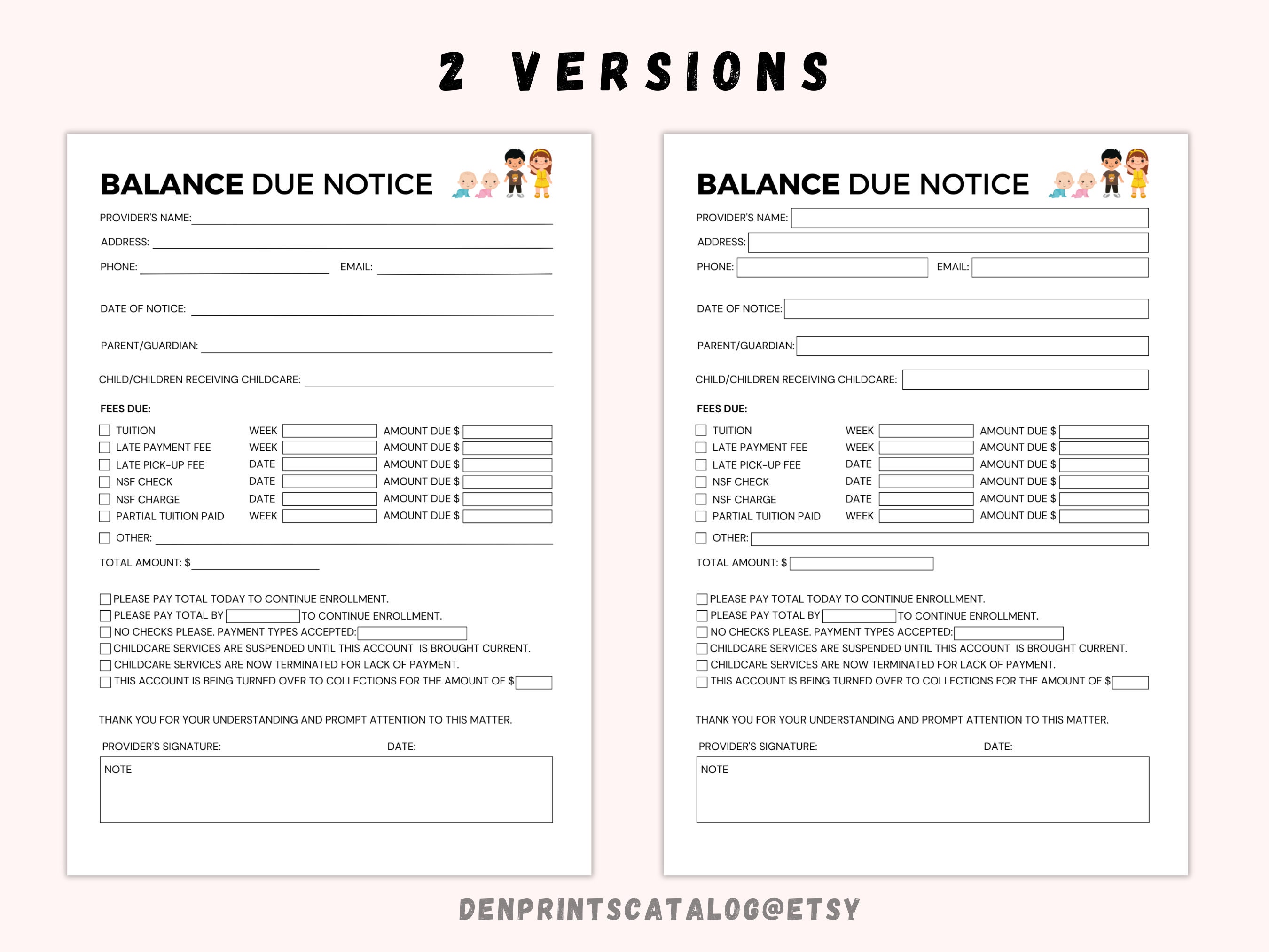 DAYCARE Balance Due Childcare Center Late Payment Notice, Past Due ...