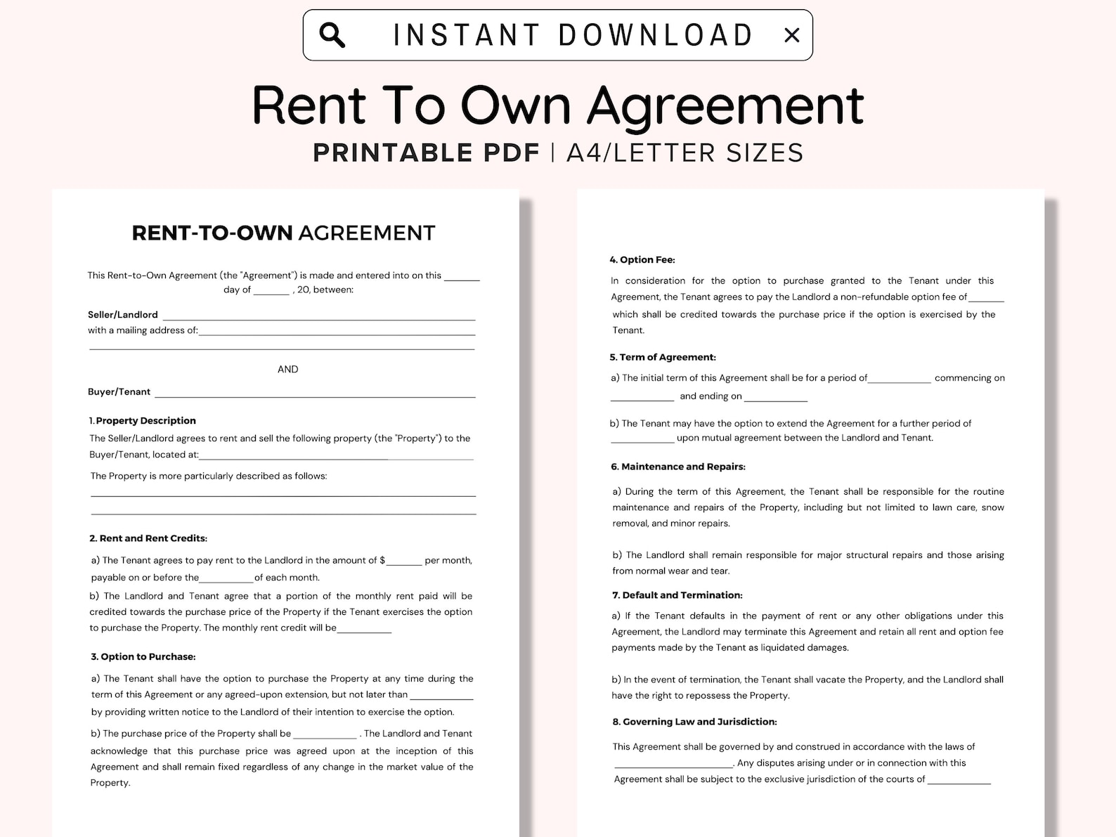 Rent to Own Agreement, Lease to Own Option Agreement, Lease to Purchase ...