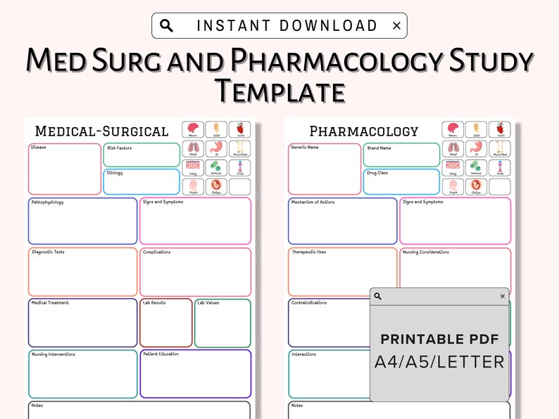 Nursing School Medical Surgical Template, Printable Pharmacology Guide ...