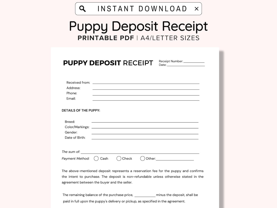 Puppy Deposit Receipt Printable, Puppy Deposit Slip Canva Template ...