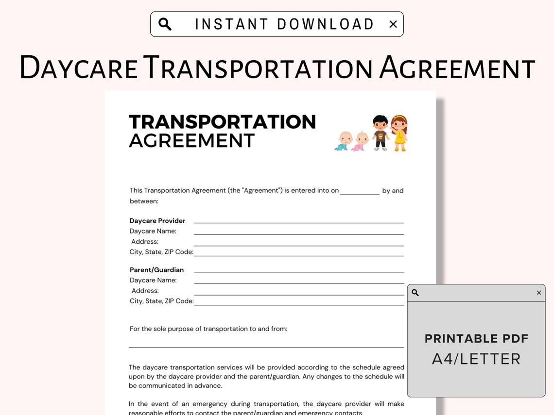 Printable Transportation Agreement for Home Daycares, Daycare ...