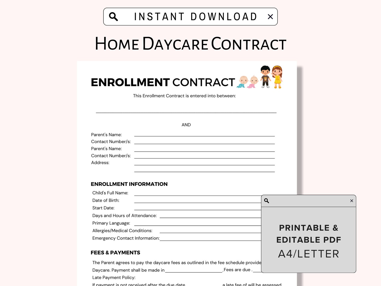 Editable Home Daycare Contract Template, Home Daycare Agreement Form ...