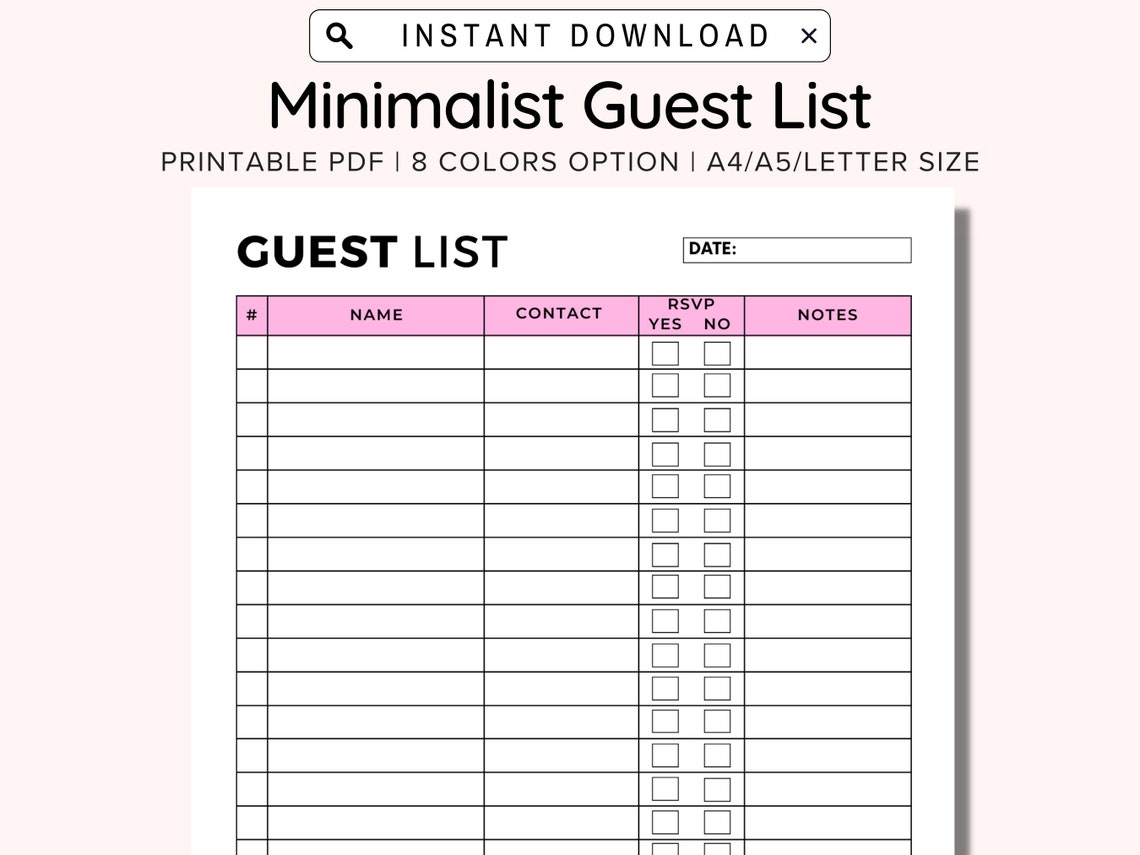 Guest List Planner Printable, Guest List Tracker, RSVP Tracker, Party ...