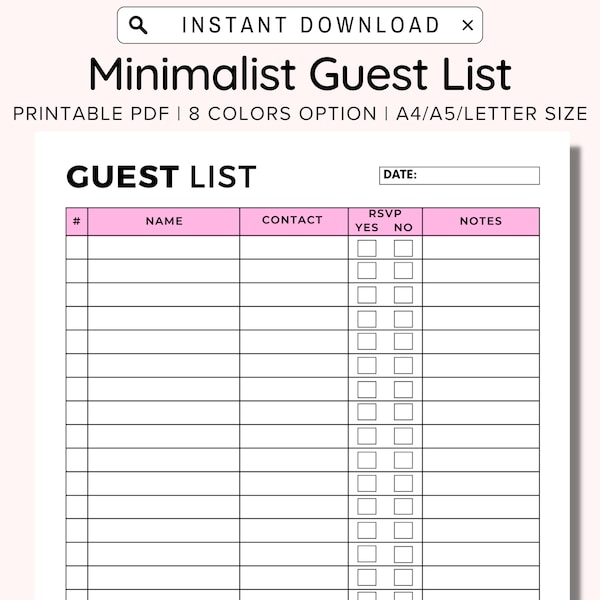 Guest List for Wedding Printable - Etsy