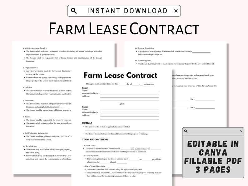 Fillable Farm Lease Contract Template Printable PDF Editable in Canva ...