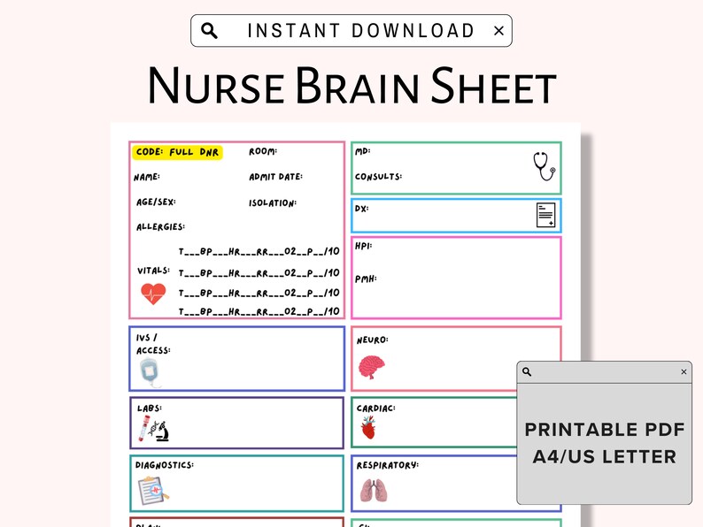 Minimalist Nurse Brain Sheet Printable, Med Surg Report Sheet, Tele ...