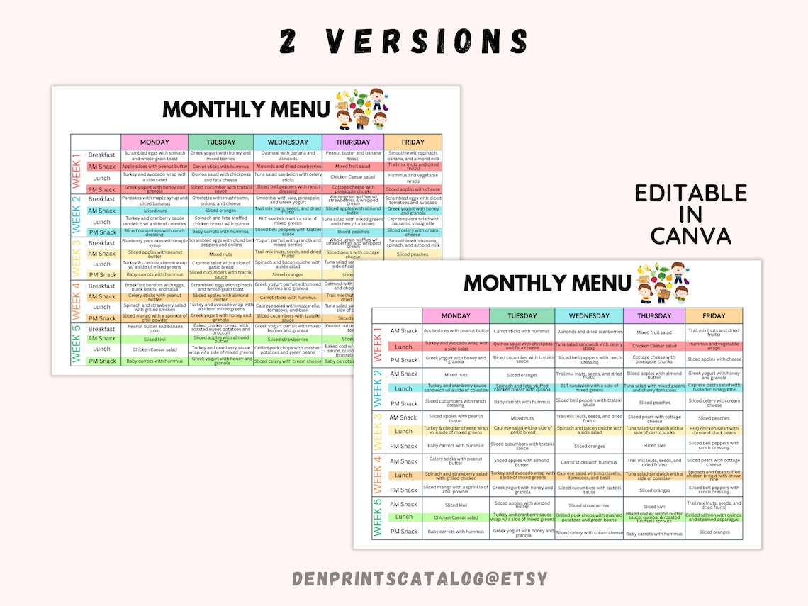 Home Daycare Monthly Menu Printable, Editable Daycare Meal Planner ...