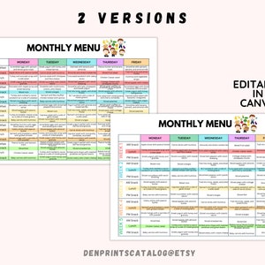 Home Daycare Monthly Menu Printable, Editable Daycare Meal Planner ...