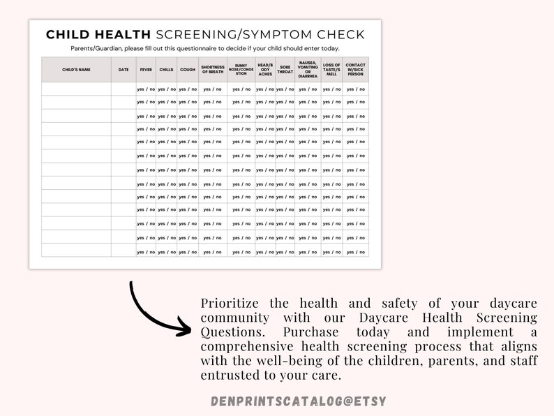 Health Screening Questions Printable, Daycare Symptom Check Sign in ...