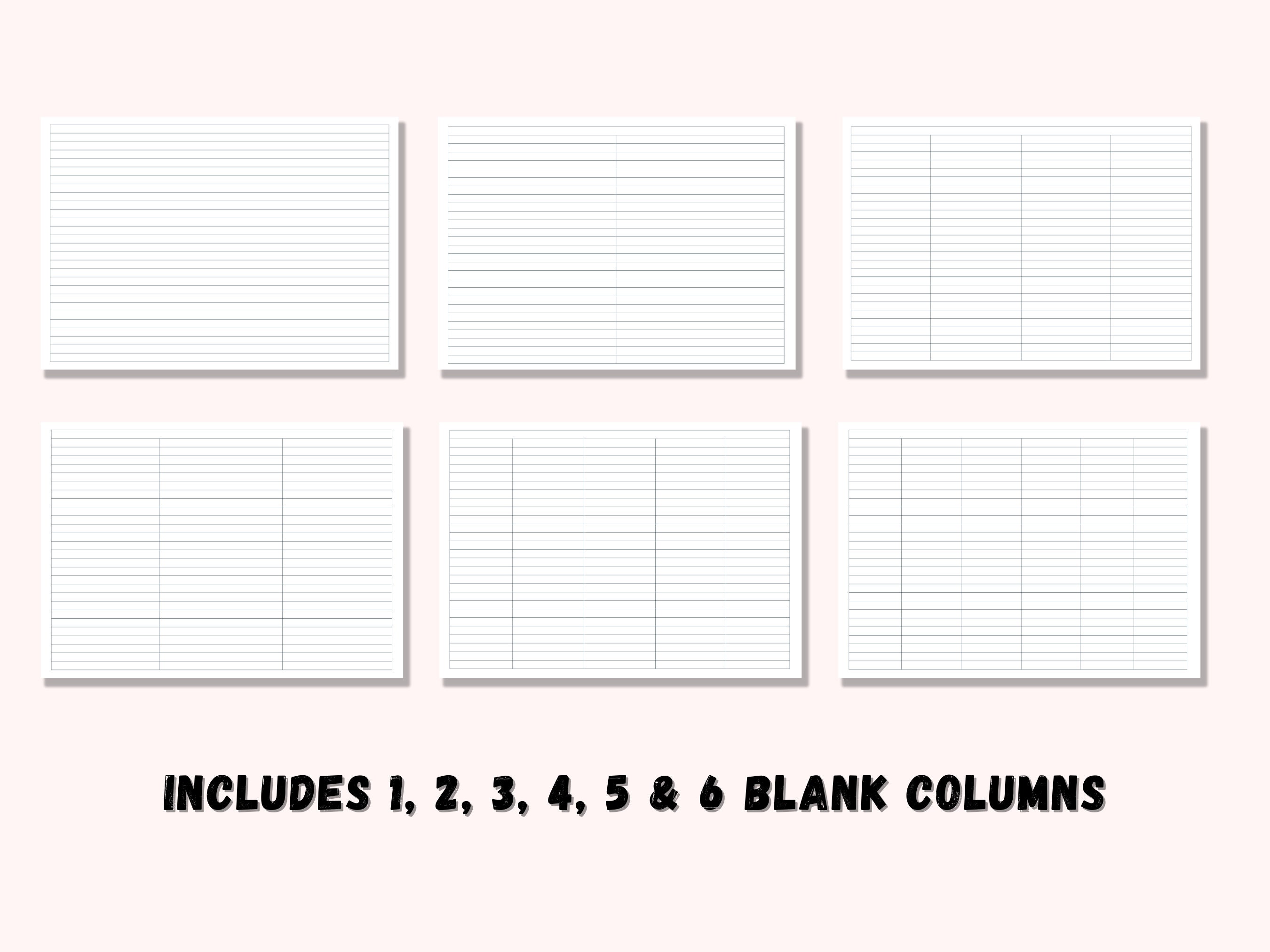 Printable Blank Columns Charts With Header One, Two, Three, Four, Five ...