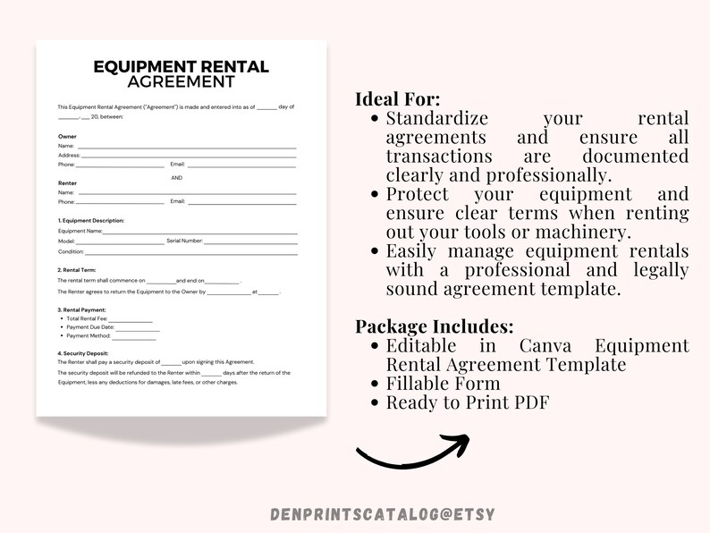 Fillable PDF Equipment Rental Agreement Template Editable in Canva ...