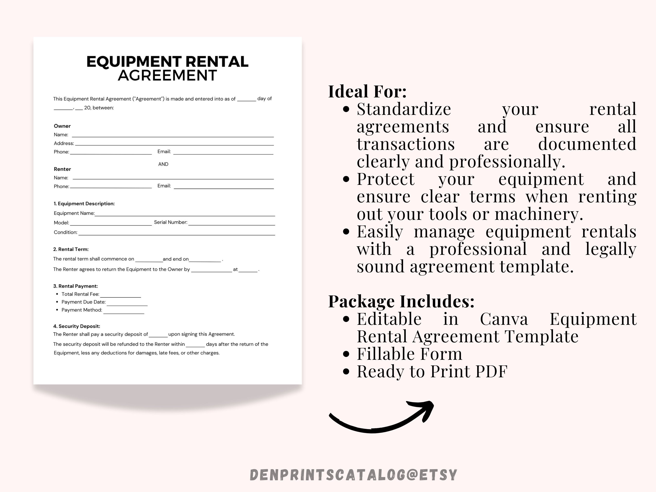 Fillable PDF Equipment Rental Agreement Template Editable in Canva ...
