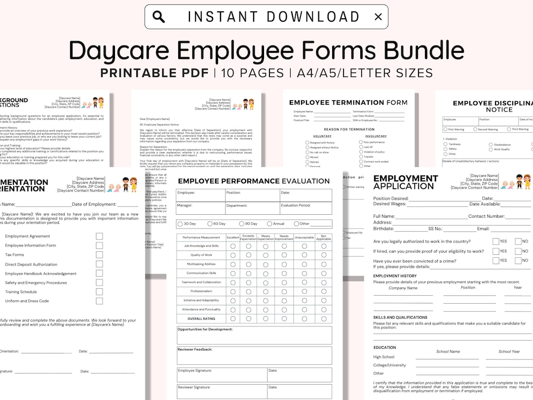 Daycare Employee Bundle, Staff Application, Employee Handbook Documents ...