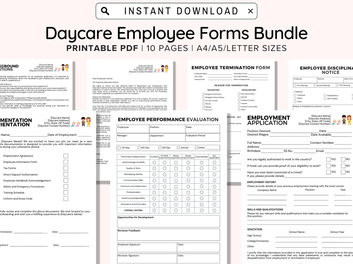 Daycare Employee Bundle, Staff Application, Employee Handbook Documents ...