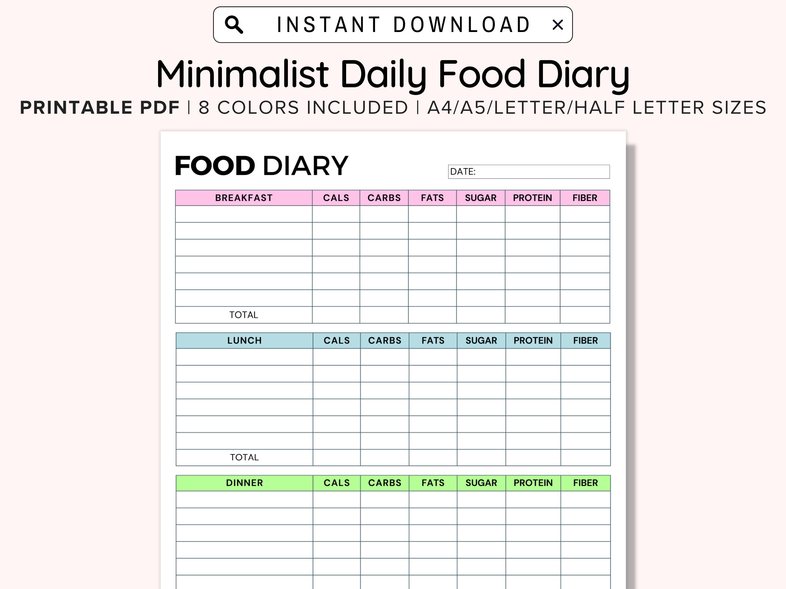 Daily Food Diary Printable, Printable Daily Food Journal, Minimalist ...