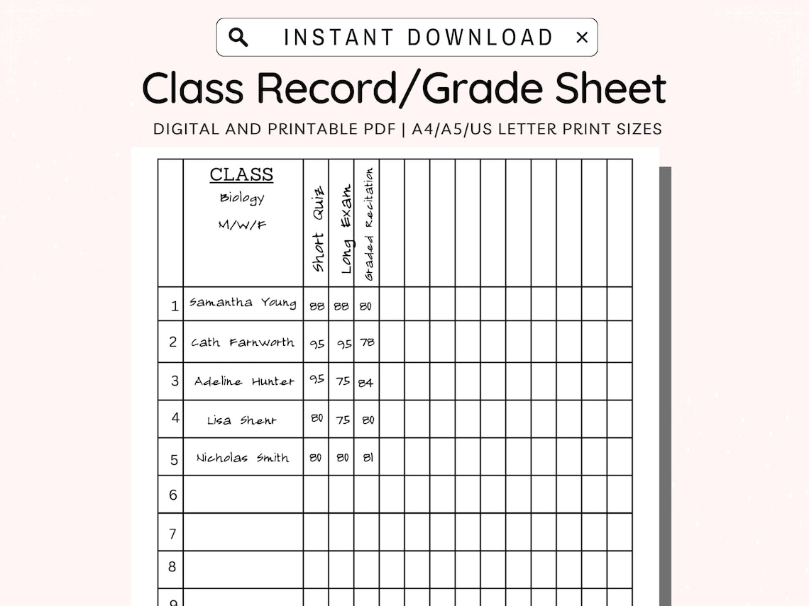 Printable Blank Tracking,class Record, Teacher Gradebook Template ...