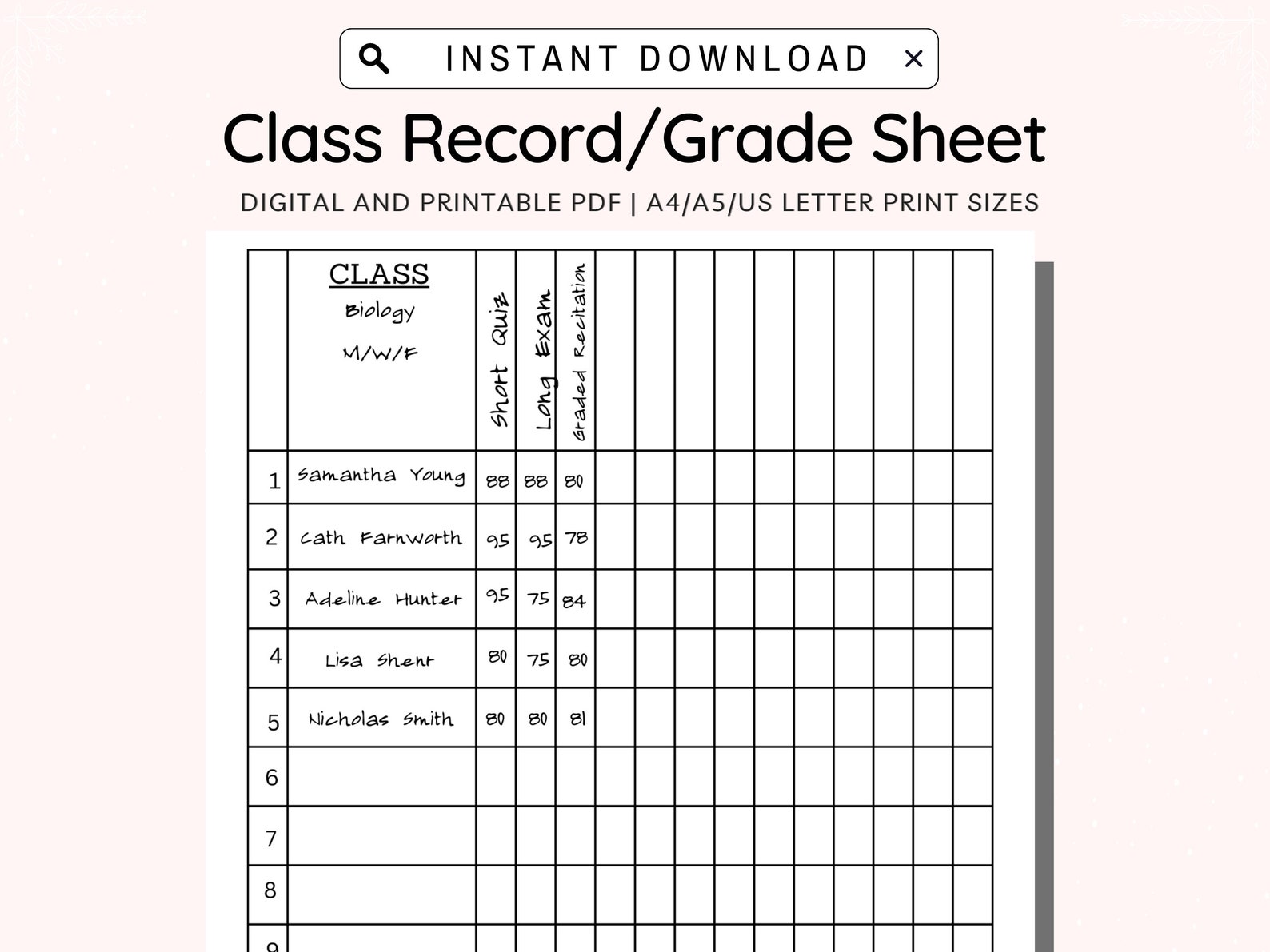 Printable Blank Tracking,class Record, Teacher Gradebook Template ...