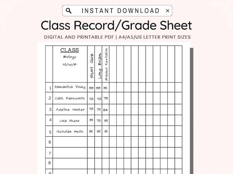 Printable Blank Tracking,class Record, Teacher Gradebook Template ...