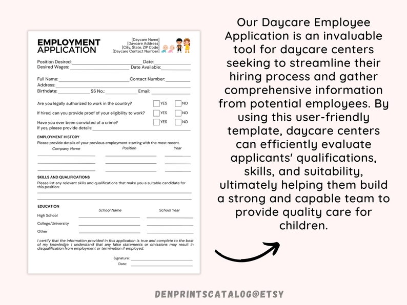 Daycare Employee Application Printable, Childcare Center Printable ...