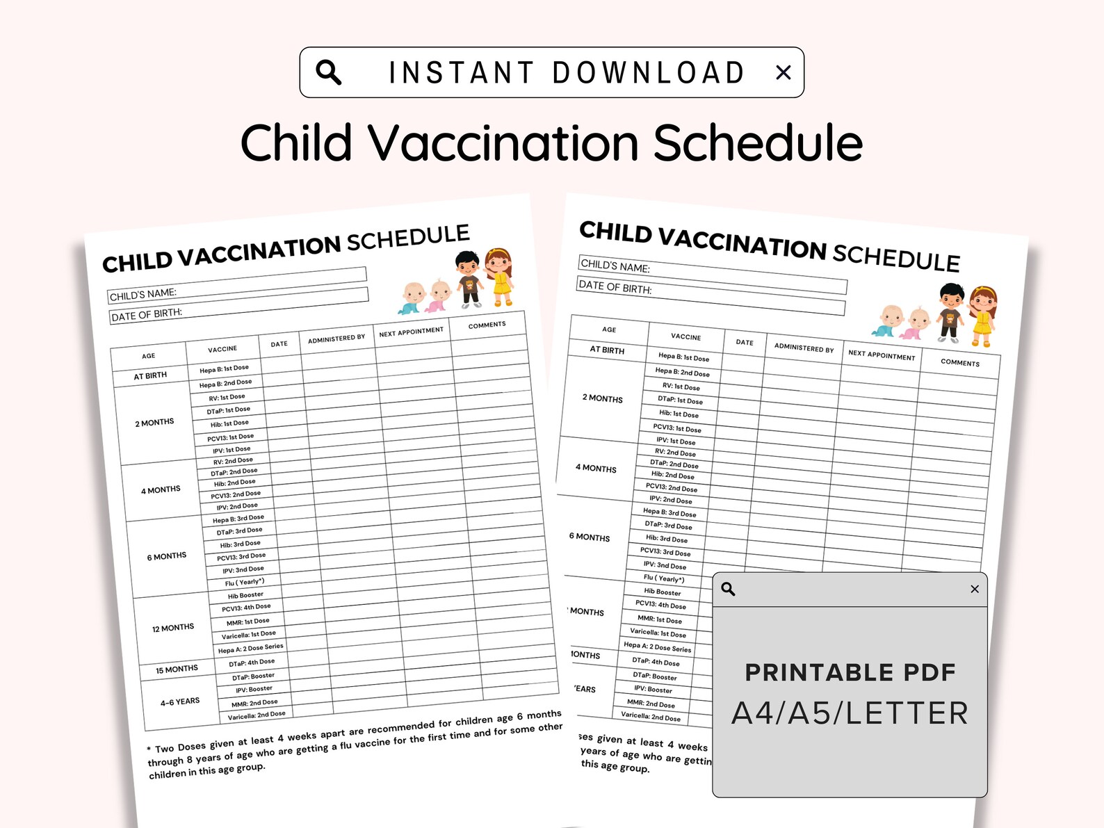 Child Vaccination Schedule Printable, Immunization Record, Vaccine ...