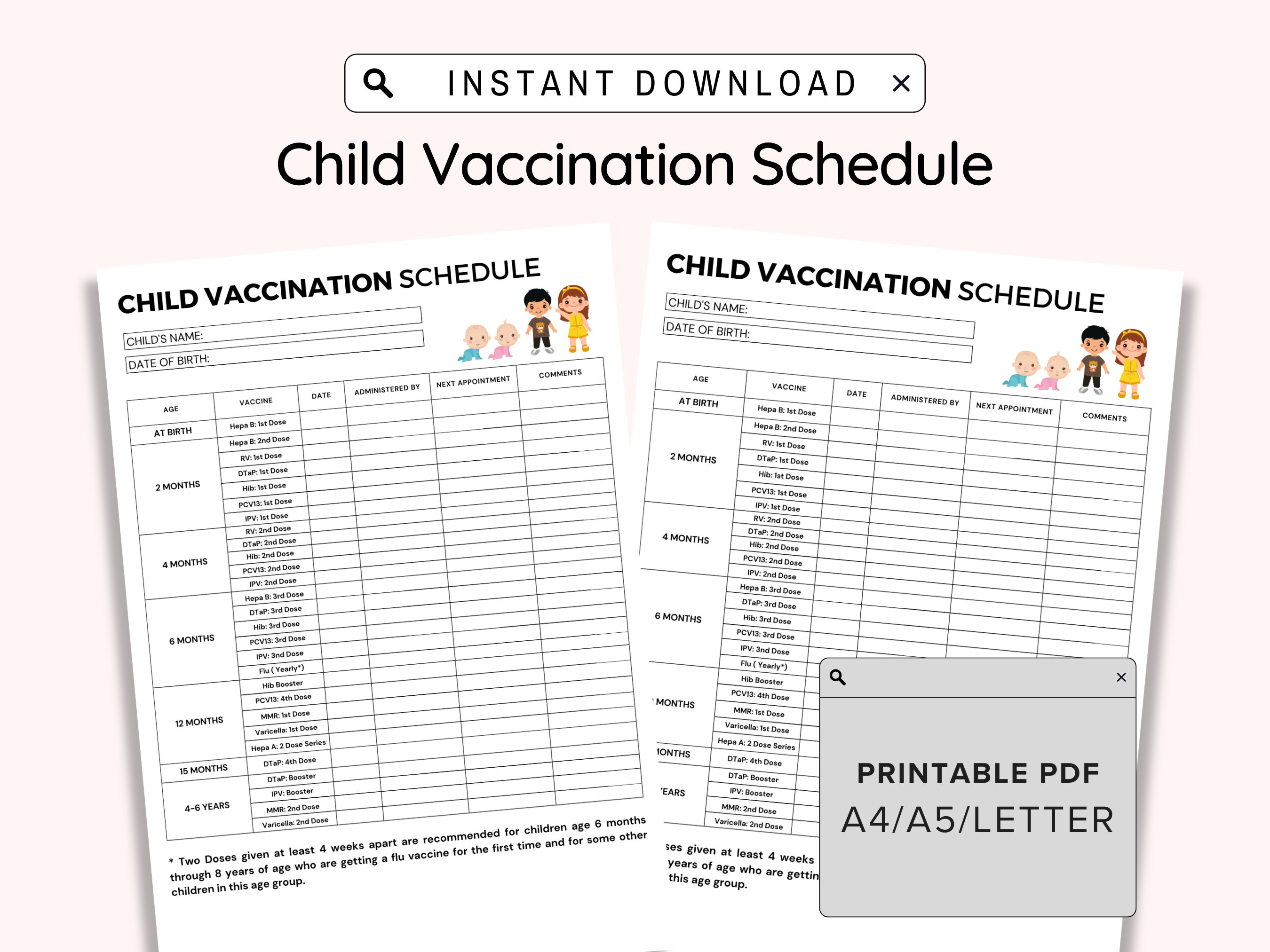 Child Vaccination Schedule Printable, Immunization Record, Vaccine ...