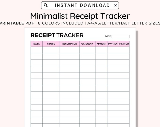 Receipt Tracker Printable, Receipt Sheet, Receipt Log Template, Receipt ...