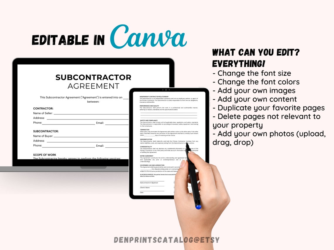 Fillable Subcontractor Agreement, Editable Subcontractor Contract Form ...
