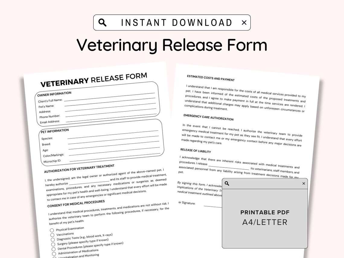 Veterinary Release Form Printable, Veterinary Medical Records Release ...