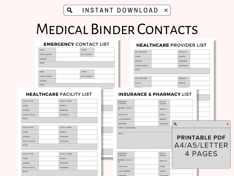 Medical Binder Contact Printable, Emergency Contact List, Doctor List ...