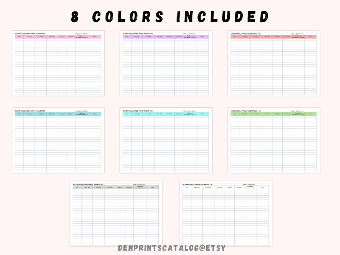Server Tips Tracker Sheet Printable, for Tip Sharing Weekly Breakdown ...