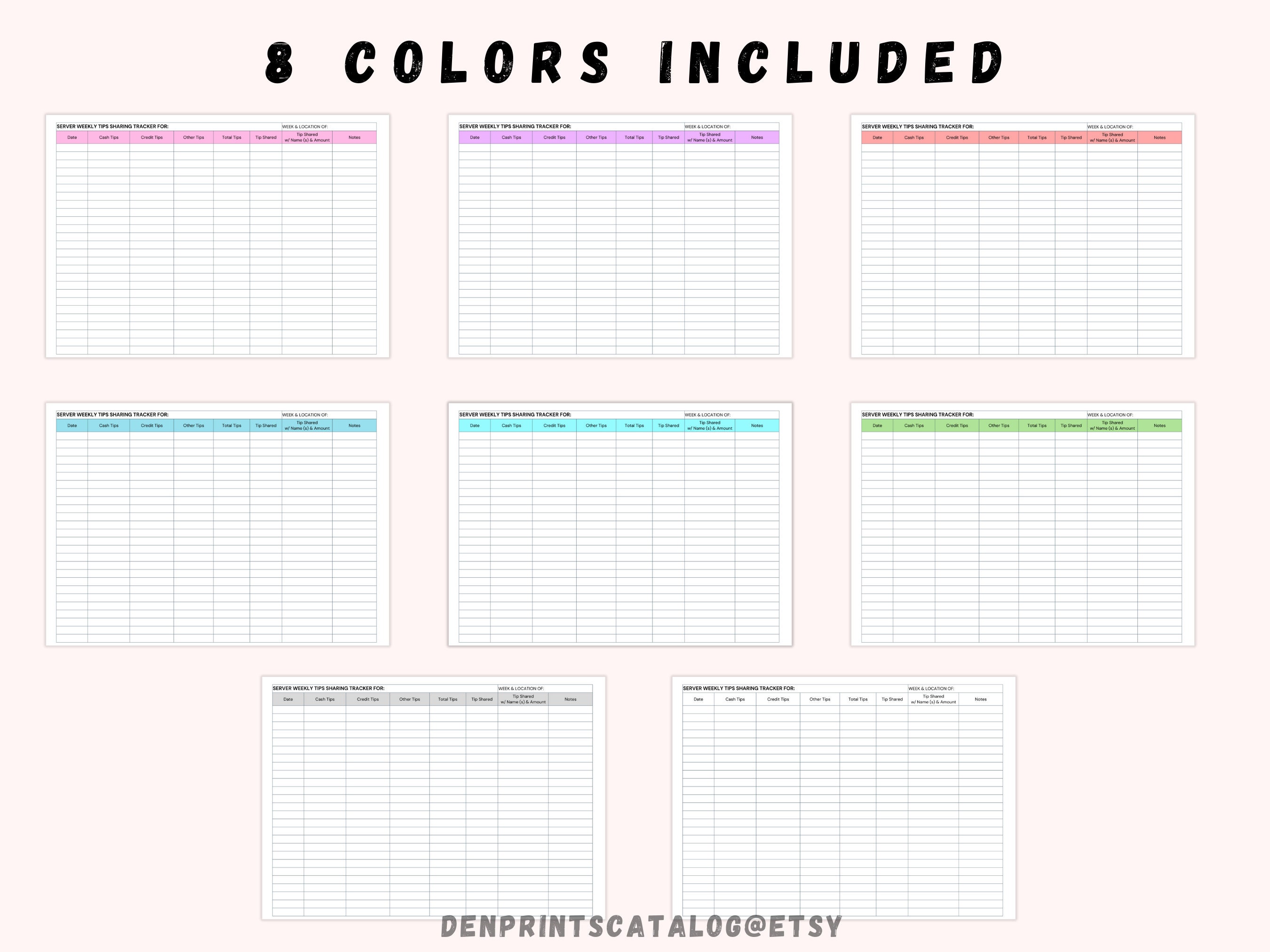Server Tips Tracker Sheet Printable, for Tip Sharing Weekly Breakdown ...