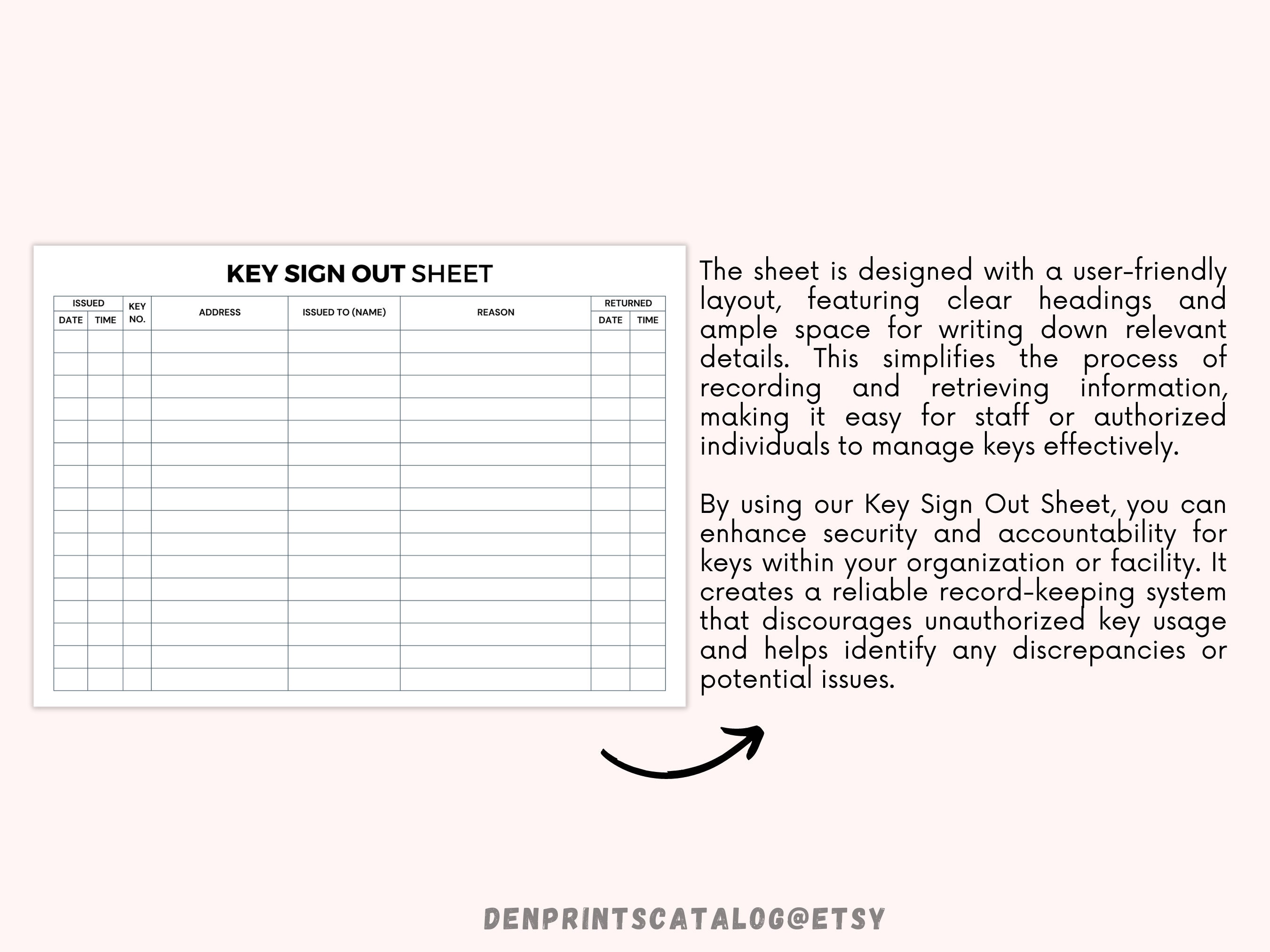 Key Sign Out Sheet Printable, Visitor Sign in Out Form, Event Sign in ...