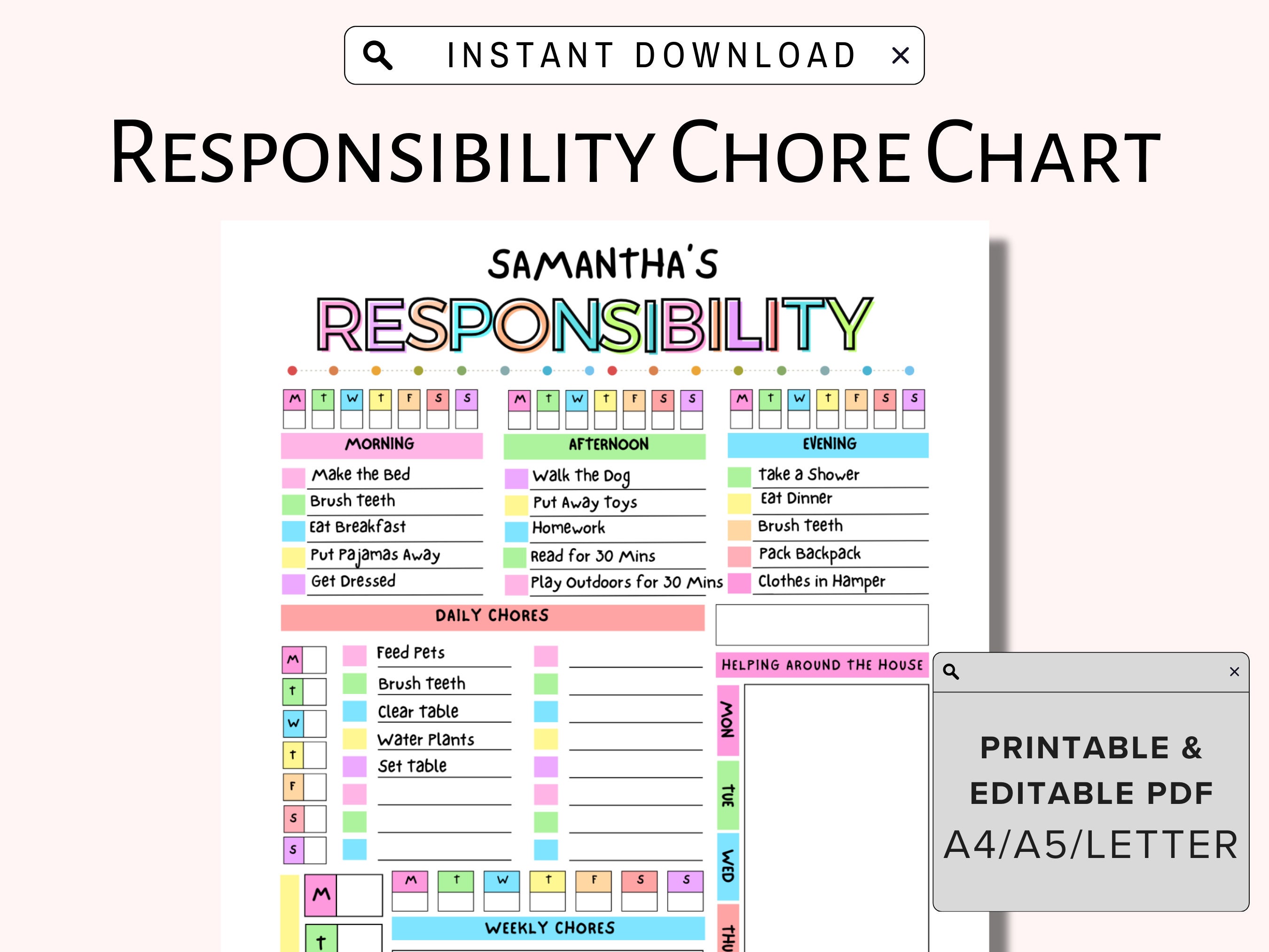 Responsibility Chore Chart for Kids Point System Editable,kids Daily ...