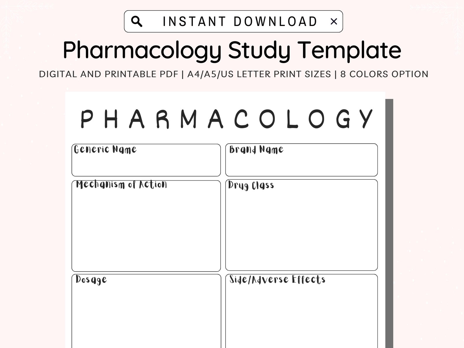Pharmacology Nursing Template Printable, Minimalist Nursing Student ...