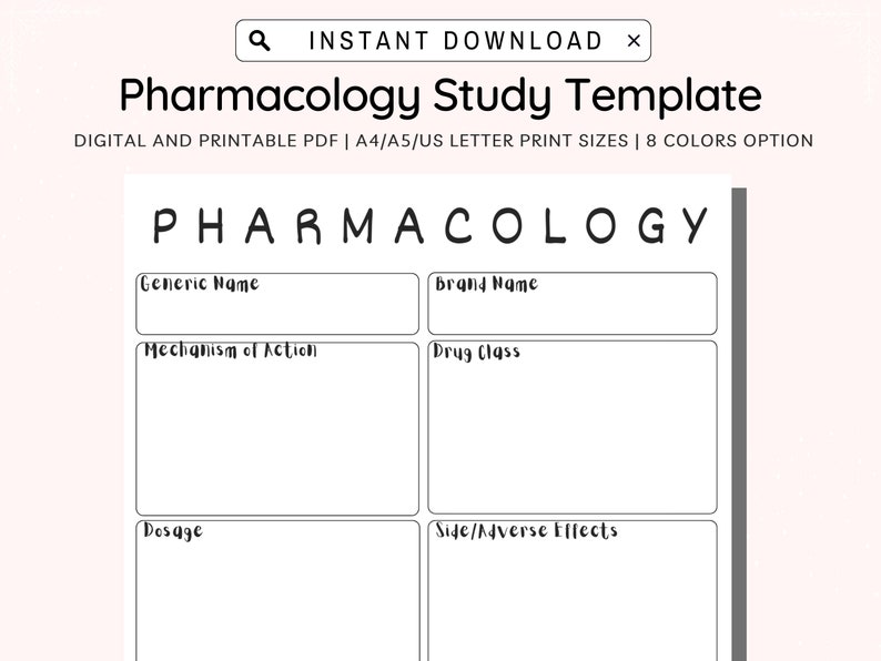 Pharmacology Nursing Template Printable, Minimalist Nursing Student ...
