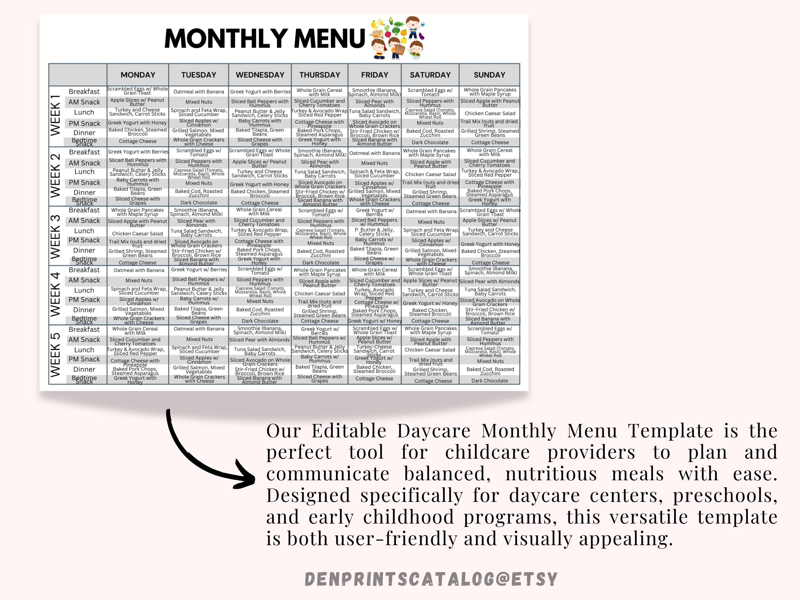 Editable Daycare Monthly Menu Template in Home Daycare Daily Schedule ...