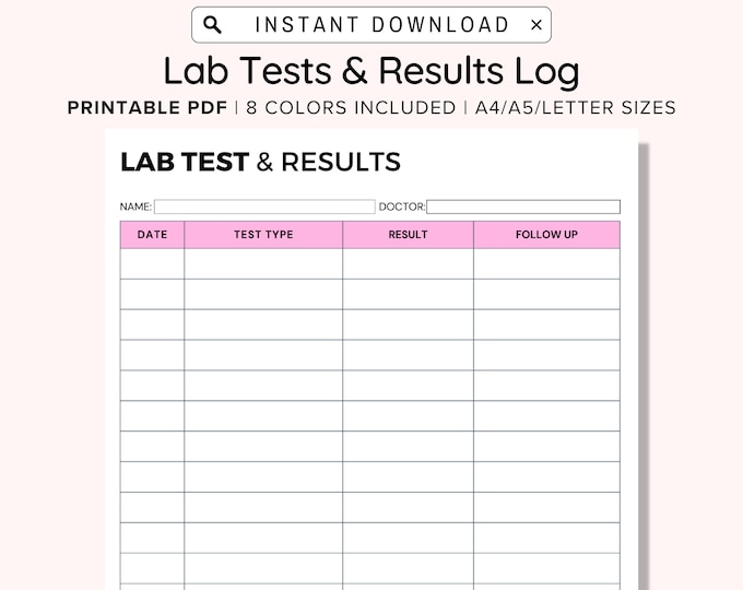 Lab And Test Results Log Printable Medication Log Health Tracker Test Result Dairy Lab Test 