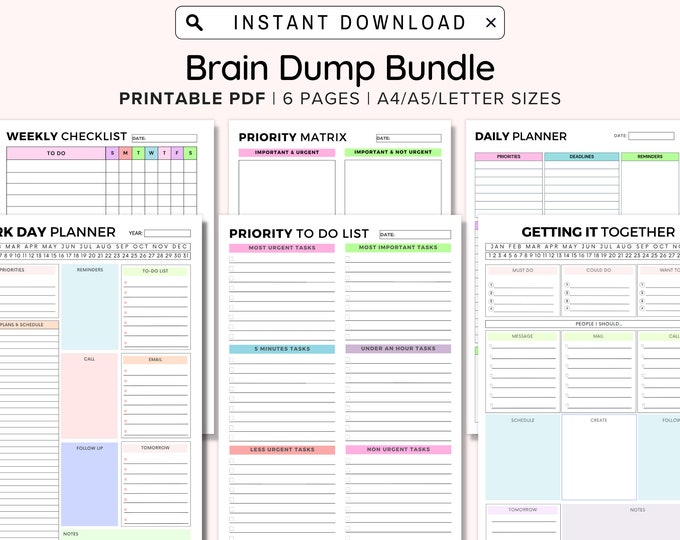 Brain Dump Template BUNDLE Printable, to Do List Editable, ADHD Daily ...