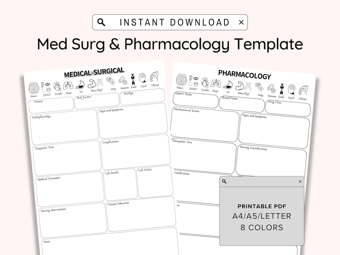 Nursing School Medical Surgical Template, Printable Pharmacology Guide ...